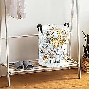 Blue Gold Tropical Jungle Safari Animals Personalized Laundry Hamper with Handles Waterproof,Custom Collapsible Laundry Bin,Clothes Toys Storage Baskets for Bedroom,Bathroom Decorative Large Capacity 50L