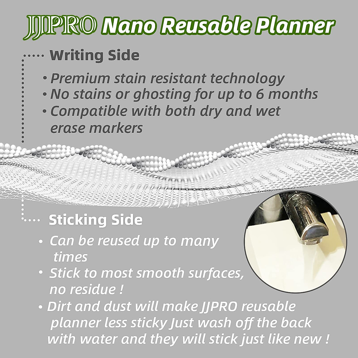 JJPRO Non-Magnetic Reusable Monthly Calendar Whiteboard Clings to All Smooth Surfaces. Monthly Planning Board for Refrigerator, Cabinet,Door&Stainless Fridge, 6 Markers Included!