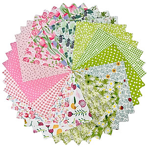 Spring Floral Fabric Squares 10x10, Layer Cake Fabric for Quilting 10 inch, Precut Fabric for Quilting Patchwork Crafting Green Pink(42Pcs)