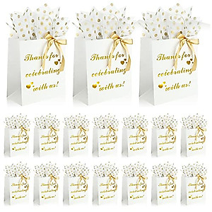 50 Pcs Wedding Gift Bags Bridal Welcome Bags with Ribbons Tissue Paper Wedding Favor Gold Foil Bags Thank You Gift Bags with Handles for Guest Birthday Party Baby Shower, 8 x 4.5 x 10 Inch (White)