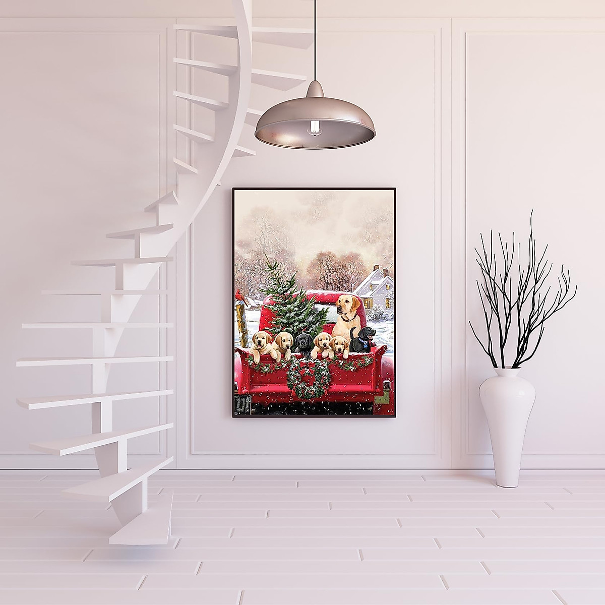 Christmas 5D Diamond Painting Kits for Adults Beginners,Winter Dogs Truck Round Full Drill Diamond Art,DIY Paint by Diamonds Dots Art Kits, Home Wall Decor 12x16 Inch