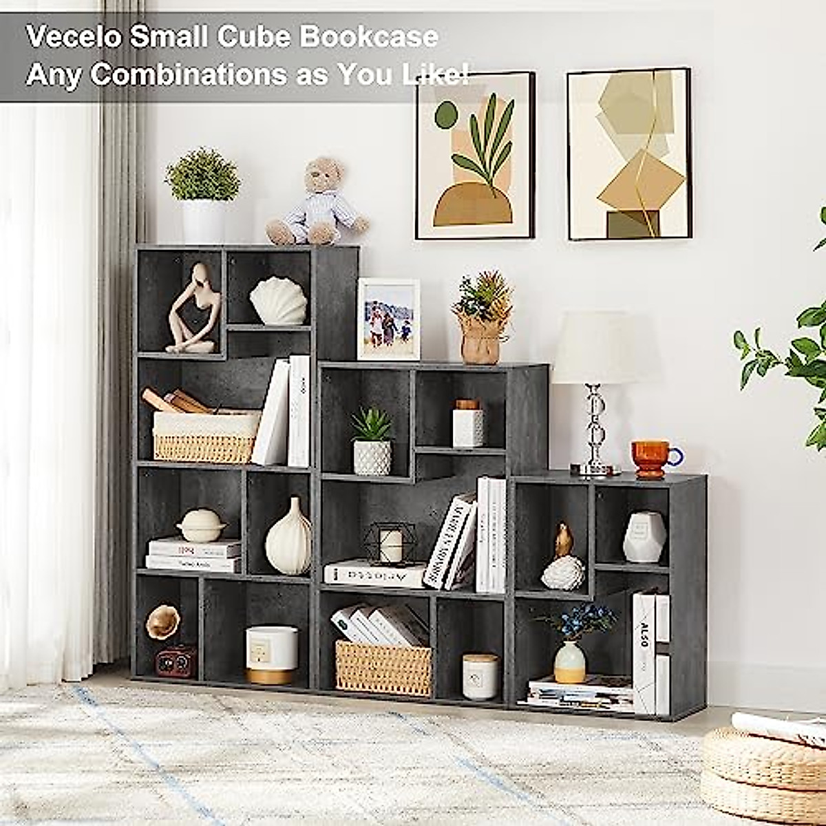 VECELO 31 Inch High Modern Bookcase, 3 Tier Bookshelves, 5 Cube Storage Organizer with Anti-tip Kit, Different Height Open Storage Fits Most Books, Easy to Install, Grey
