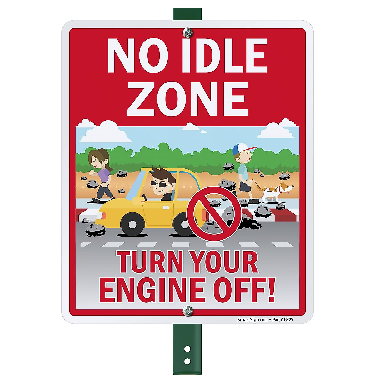 SmartSign 12 x 10 inch “No Idle Zone - Turn Your Engine Off” LawnBoss Yard Sign with 3 foot Stake, 40 mil Laminated Rustproof Aluminum, Multicolor, Set of 1, Made in USA