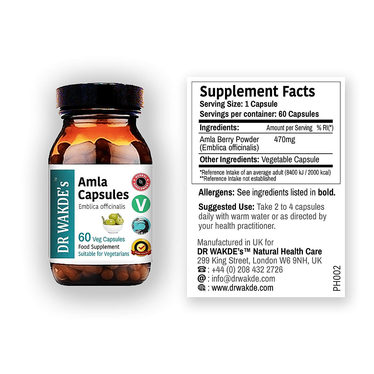 DR WAKDE'S Amla Capsules (Amalaki, Indian Gooseberry, Emblica officinalis, 60 Veg Caps, Plant-Based Supplement, Ayurvedic Herb, All Natural, Vegan)