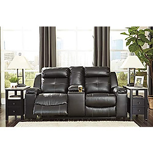 Signature Design by Ashley Kempten Faux Leather Manual Reclining Sofa with High Back, Center Console and Blue LED Lighting, Black