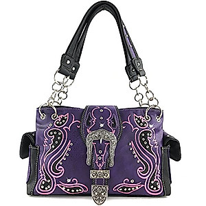 Justin West Concealed Carry Western Tritone Paisley Flower Buckle Embroidered Laser Cut Shoulder Handbag | Trifold Wallet (Purple Handbag & Wallet Set)