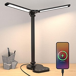 LED Double Head Desk Lamp for Home Office with Adjustable Swing Arms and Dimmable Touch Control LED Desk Light USB Power and Multi-Color Illumination for Home Office and Study