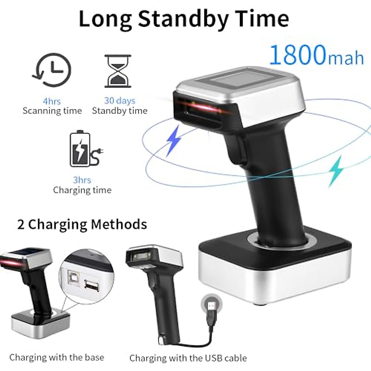 Barcode Scanner, Bluetooth Qr Code Scanner Barcode Scanner with 270° scanning Head Rotation for Accurate and Fast scanning