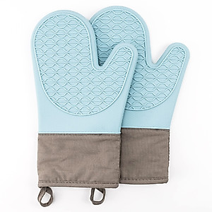 LB Silicone Oven Mitts Heat Resistant Oven Mitts Set with Soft Quilted Cotton Lining, Gloves Pot Holders and Oven Mitts Sets for Kitchen Cooking and BBQ, Easy Clean 2-Piece Set (Blue)