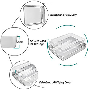 TeamFar Rectangular Cake Pans with Lids, 10.5’’ x 8’’ x 2’’ Stainless Steel Lasagna Brownie Pan For Baking Roasting, Healthy & Durable, Brushed Surface & Dishwasher Safe, (2 Pans+2 Lids)