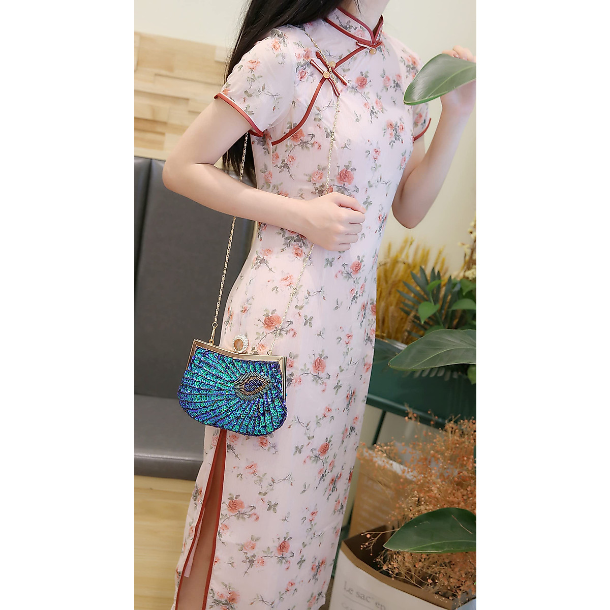 Peacock Evening Bag Sequins Beaded Clutch Purse with Ring Lock Closure for Wedding Party Peacock Blue