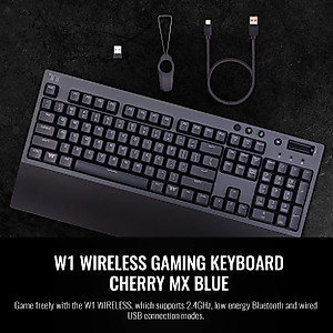 Thermaltake W1 Wireless Gaming Keyboard Cherry MX Blue, 2.4GH per Minute, Bluetooth 4.2, Low Energy Technology, USB Type-C Connection. GKB-WOW-BLSNUS-01,Titanium Gray