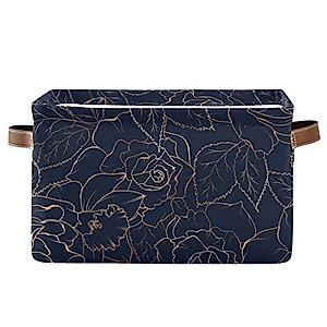 AGONA Large Foldable Storage Bin Navy Blue Gold Rose Peony Floral Storage Bins Collapsible Decorative Fabric Storage Baskets with Leather Handles for Home Closet Bedroom Organizer Nursery 1 Pack