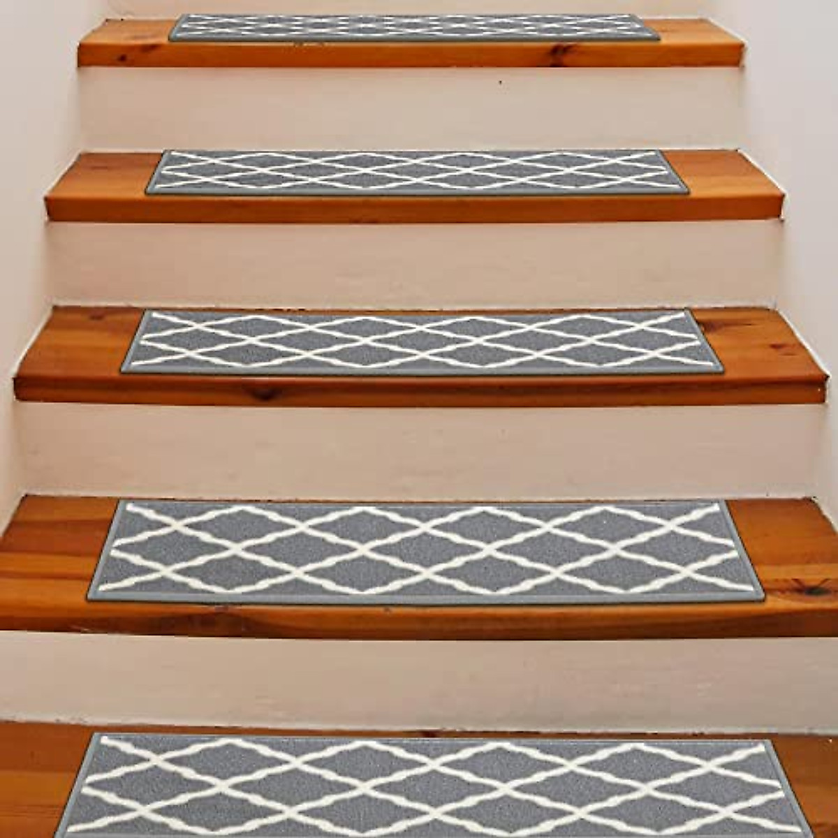 Machine Washable Moroccan Trellis Design Non-Slip Rubberback 8.5" x 26" Traditional Indoor Stair Treads for Wooden Stairs, 14 Pack, Gray