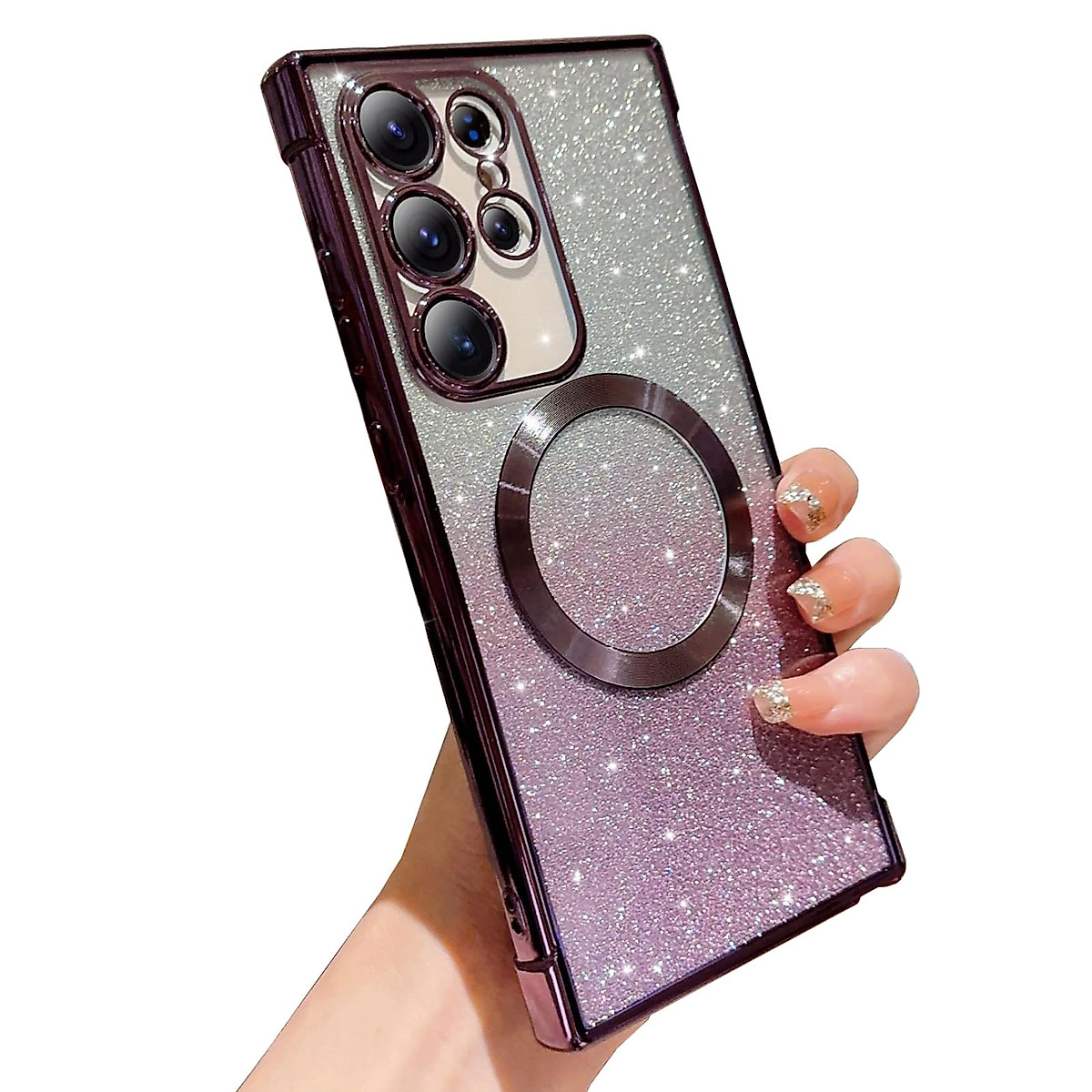 aowner for Samsung Galaxy S21 Ultra Magnetic Case Compatible with MagSafe, Full Protection Glitter Clear Phone Case for Women Girls Cute Soft Shockproof Bumper Protective Cover Case 6.8"-Purple