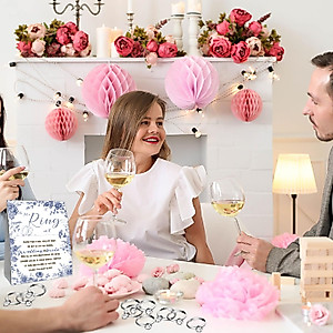 Guawubiang Bridal Shower Ring Game Card Set, 51Pcs Put a Ring on it Game Sign, Includes Ring Table Card and 50 Mini Silver Rings, Purple Floral Decoration Bridal Shower Party Supplies