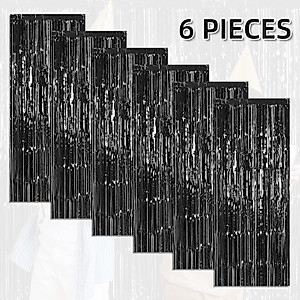 6 Pack Foil Fringe Backdrop Curtains, 3.28 x 8.2 ft Black Tinsel Streamers Metallic Tinsel Foil Fringe Curtains Photo Booth Backdrop for Birthday Wedding Graduation Halloween Party Decorations