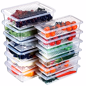 Meanplan Food Storage Containers for Fridge Plastic refrigerator Organizers with Removable Drain Plate and Lid Stackable Produce Containers to Keep Fruits, Vegetables, Meat (12 Packs)