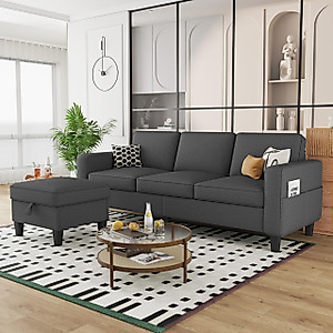 ZeeFu Convertible Sectional Sofa Couch: Dark Gray 3Seat L-Shaped Sectional Sofa Couches with Storage Ottoman - Modern Linen Fabric Small Sofa Furniture Set for Living Room Office Small Space Apartment