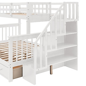 Twin Over Full Bunk Bed, Wood Twin Over Full Bunk Bed Frame with Storage Drawers and Shelves, Twin Over Full Size Bunk Bed Frame with Guardrails and Stairs for Kids Boys Girls Teens Adults, White