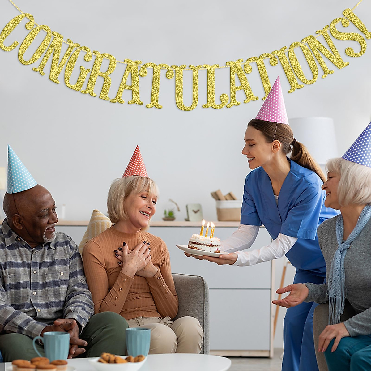 Congratulations Gold Glitter Sign Banner- Graduation, Wedding, Retirement Party Supplies Decorations (Gold)