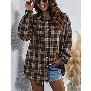 Bozanly Flannel Buffalo Plaid Shirts for Women Oversized Button Down Shacket Blouse Tops(0001-Brown-S)