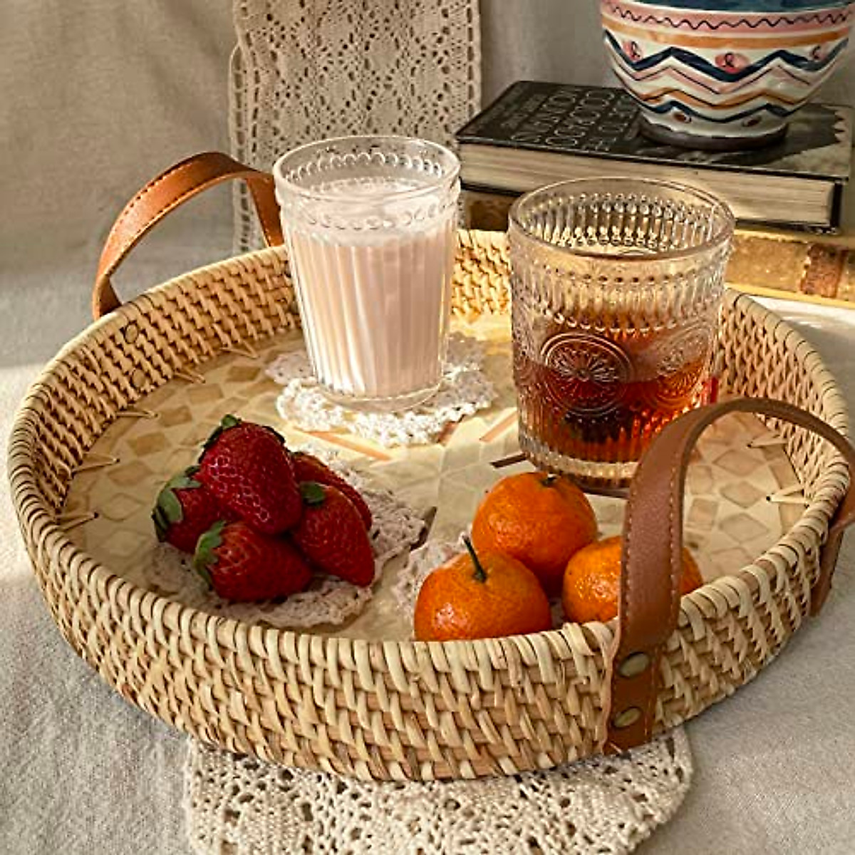 Large Round Rattan Tray with Mother of Pearl Inlay, Woven Wicker Tray with Leather Handles, Coffee Table Wicker Tray for Storage and Organizer, Farmhouse Boho Home Décor (White),12 Inch