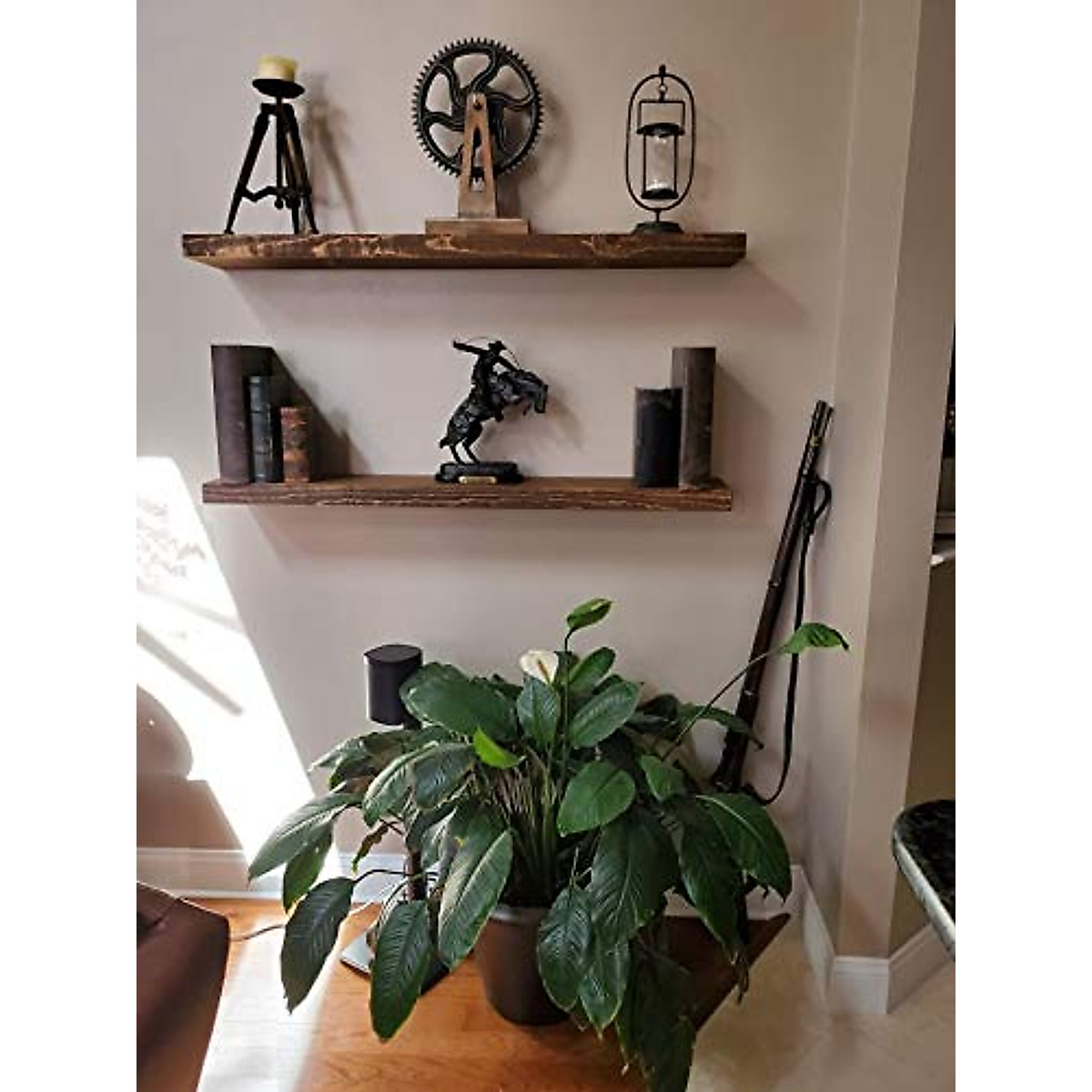 Floating, Wood Shelf, Reclaimed, Rustic, Shelves, 1800's, Antique, Vintage, Patented Easy Hang, 2" Thick x 7" deep x 36", Set of Two, Medium Brown