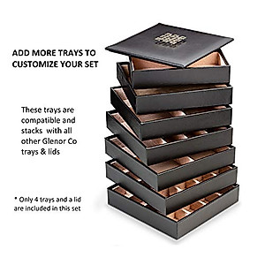 Glenor Co Jewelry Organizer Tray - 4 Stackable Trays & Lid with Mirror - 27 Slot Storage for Drawer, Dresser - Black