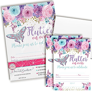 Amanda Creation Watercolor Floral Butterfly Birthday Party Fill In Style Invitations in pink, blue and purple. Set of 20 including envelopes