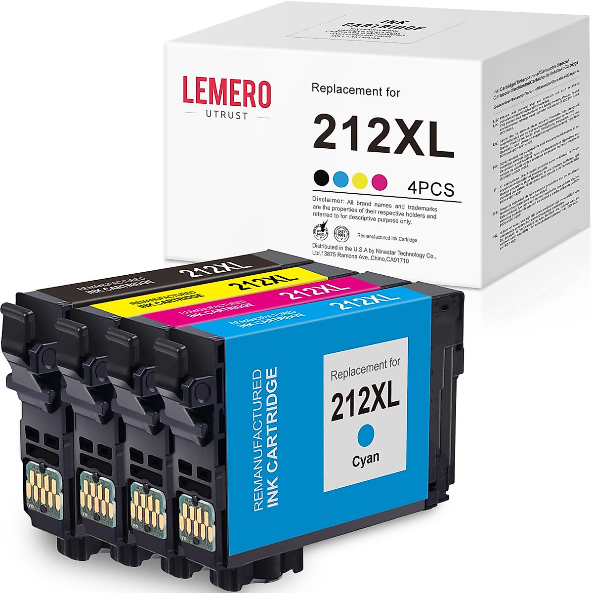 LEMERO UTRUST 212 212XL Remanufactured Ink Cartridge Replacement for Epson 212XL 212 XL T212XL use with Epson Expression Home XP-4100 XP-4105 Workforce WF-2850 WF-2830 (Black Cyan Magenta Yellow)