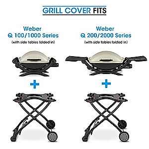 Unicook Grill Cover for Weber Q 100/1000 Q 200/2000 Grills with Q Portable Cart, Compared to Weber 7113, Heavy Duty Waterproof Full Length Portable Grill Cover, Fade and UV Resistant Material, Black