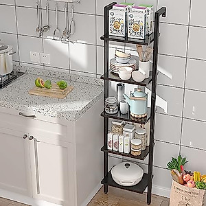 YMYNY 5 Tiers Narrow Ladder Bookcase, Industrial Wall Mounted Bookshelf, Open Display Rack with Metal Frame, Wooden Storage Shelves for Bedroom, Home Office, Living Room, Black, 70*17.3*11.8"UHBC015B