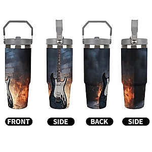 30oz Stainless Steel Insulated Tumbler with Flip Lid & Straw, Leakproof Travel Mug for Car, Electric Guitar Double Wall Vacuum Thermal Coffee Cup with Handle, Spill-Proof Design for Hot/Cold Drinks
