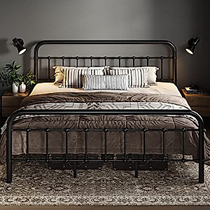Allewie King Size Metal Platform Bed Frame with Victorian Style Wrought Iron-Art Headboard/Footboard, No Box Spring Required，Black