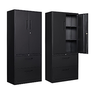 SISESOL Metal Storage Cabinet with Drawers, 71" File Cabinets for Home Office, Locking Steel Storage Cabinet with Doors and Shelves for Home, Office, Warehouse, Garage, School (Black, 2 Drawers)