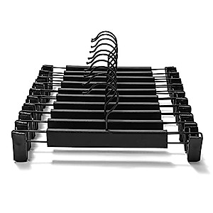 GUANJUNE 10 Pack Clothes Pants Hangers, Space-Saving Skirt Holders with 360 ° Swivel Hooks, Adjustable Clips, Trouser Hangers, Clothes Coat Garment Jeans Hangers, Black