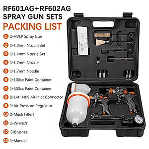 REFINE HVLP Air Gravity Spray Gun Sets, 2-Spray Paint Gun, 1.0mm 100ml & 1.4/1.7mm 600ml Auto Paint Sprayer Gun with Air Regulator for Car Paint, Primer, Topcoat & Touch-Up, Furniture, House Painting.