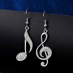 Women Dangle Earrings with Music Note Drop - CZ Clear Crystal Musical Fans Clip on Hook Earring, Rhinestone Fashion Costume Jewelry for Girls…