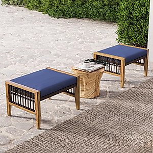HAPPYGRILL 2 Pieces Outdoor Patio Ottomans, Acacia Wood Outdoor Footstools with Removable Cushions, Multifunctional Outdoor Wicker Footrest, Additional Sating, Navy
