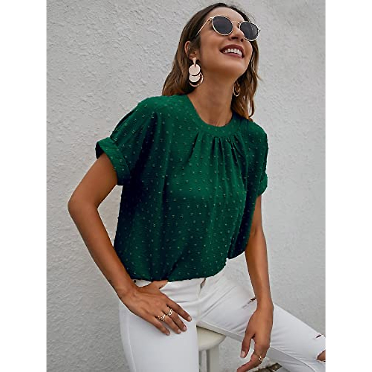 Milumia Women's Casual Swiss Dots Chiffon Ruffle Front Short Sleeve Work Office Blouse Top Green Large