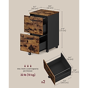 VASAGLE File Cabinet, with 2 Drawers, Mobile Filing Cabinet with Wheels, for A4, Letter Sized Documents, Hanging File Folders, Rustic Brown and Black UOFC040B01