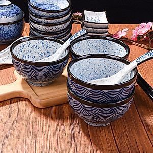 Cerficer Japanese Rice Bowl - 10.2oz Ceramic Sushi Bowl with Blue Wave Pattern,Thickened Bowl Wall,Perfect Small Bowl for Rice, Snacks, Desserts, and Sauces,Asian Rice Bowl Set