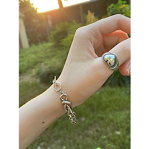 Vintage Chunky Heart Chain Ring for Women Silver Plated Wide Statement Adjustable Layered Curb Chains Open Band Knuckle Tail Finger Rings Comfort Fit Retro Dainty Jewelry (Lacy Love)