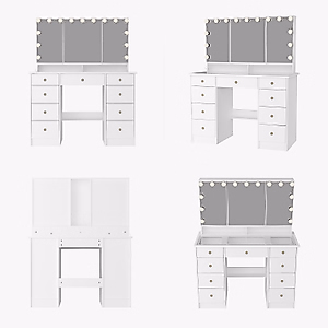 ROMSHINE Large Vanity Desk with Trifold Mirrors & Hollywood Bulbs, 43.3" W Glass Top Makeup Vanity with Lights in 3 Color Modes & Brightness Adjustable, Makeup Desk with 9 Drawers for Storage, White