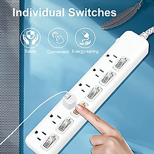 Power Strip Extension Cord 6 Ft, 6 Rotating Outlets & 4 USB Charging Ports, 1875W, 1020 J, Flat Plug Wall Mount Surge Protector Strips for Home, Office, White