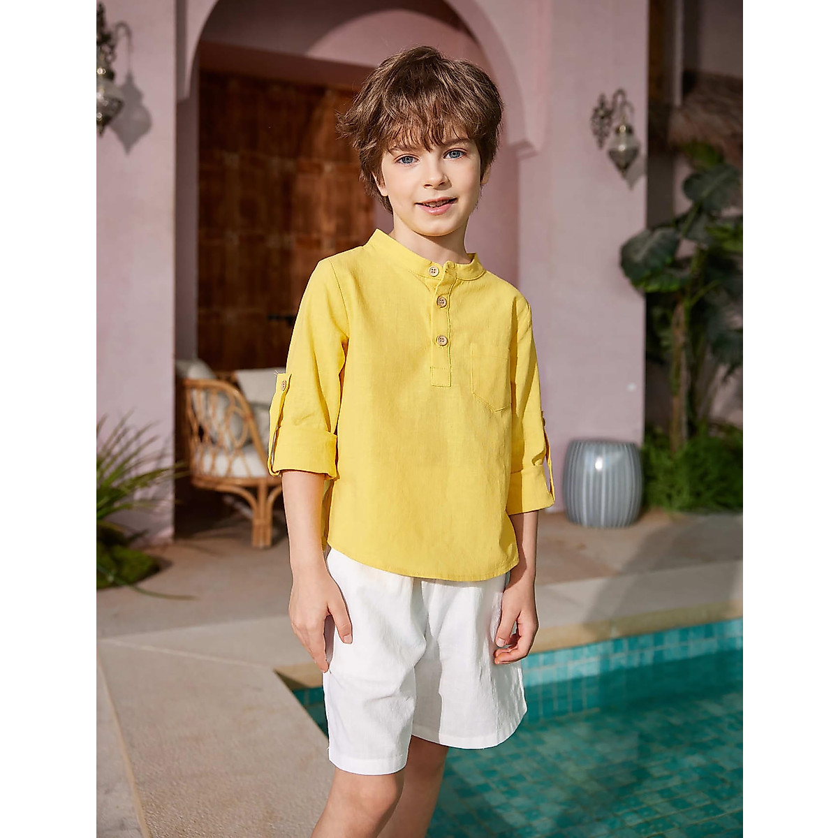 Arshiner Boys Cotton Linen Henley Shirt Button Down Shirt Long Sleeve T Shirt Beach Shirt Tee Casual Solid Tops Yellow