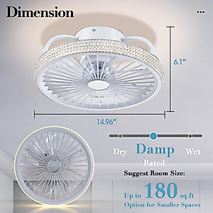 MADSHNE Low Profile Flush Mount Ceiling Fans with Lights and Remote,15'' Small Modern Enclosed Bladeless Ceiling Fans, Mini White LED Ceiling Lighting Fixture