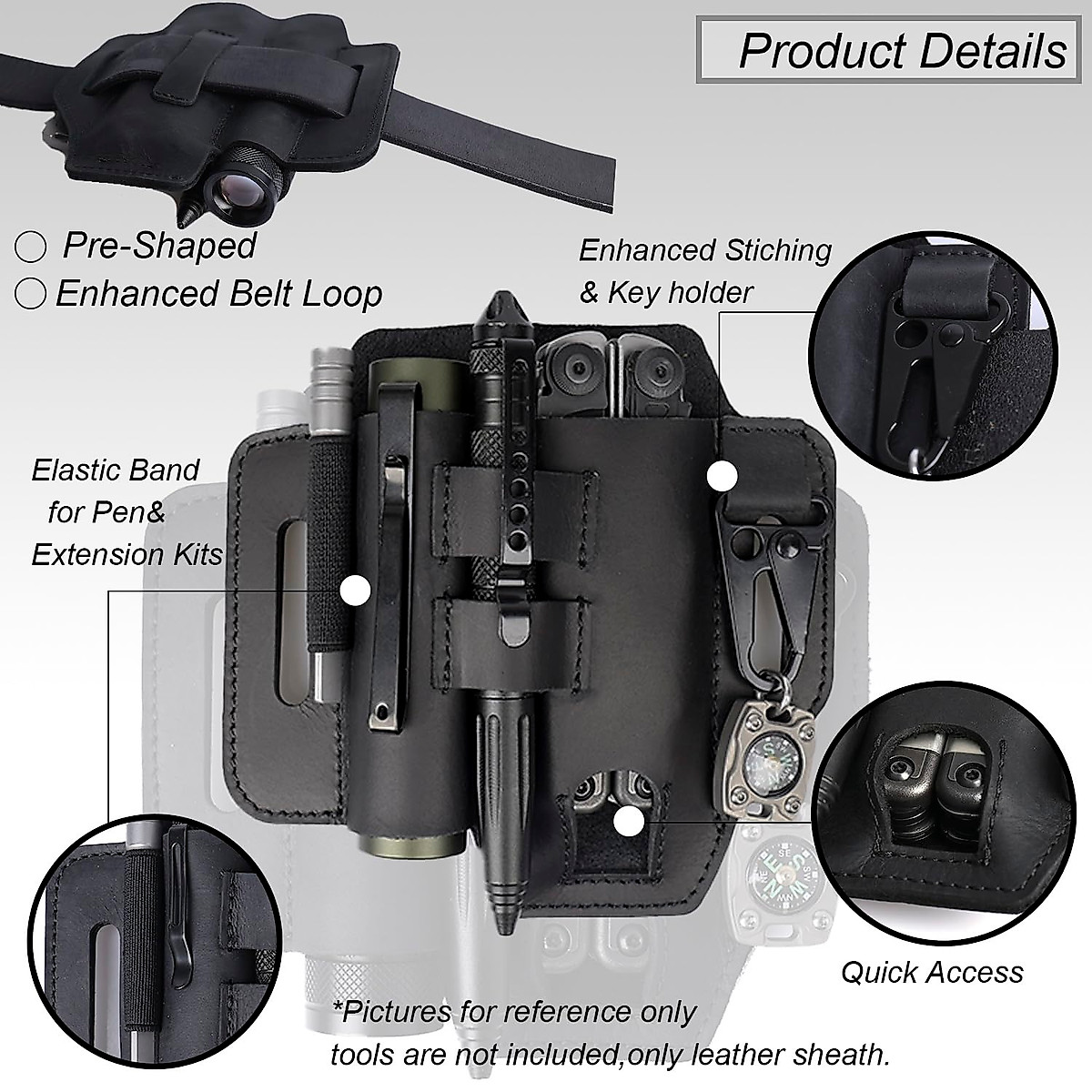 Topstache Multitool Sheath for Belt - EDC Belt Organizer - Leather Multitool Holster with Flashlight Holder, Elastic Band Pen Holder and Keychain Clip - Multitool Holder - Multitool Pouch, Black