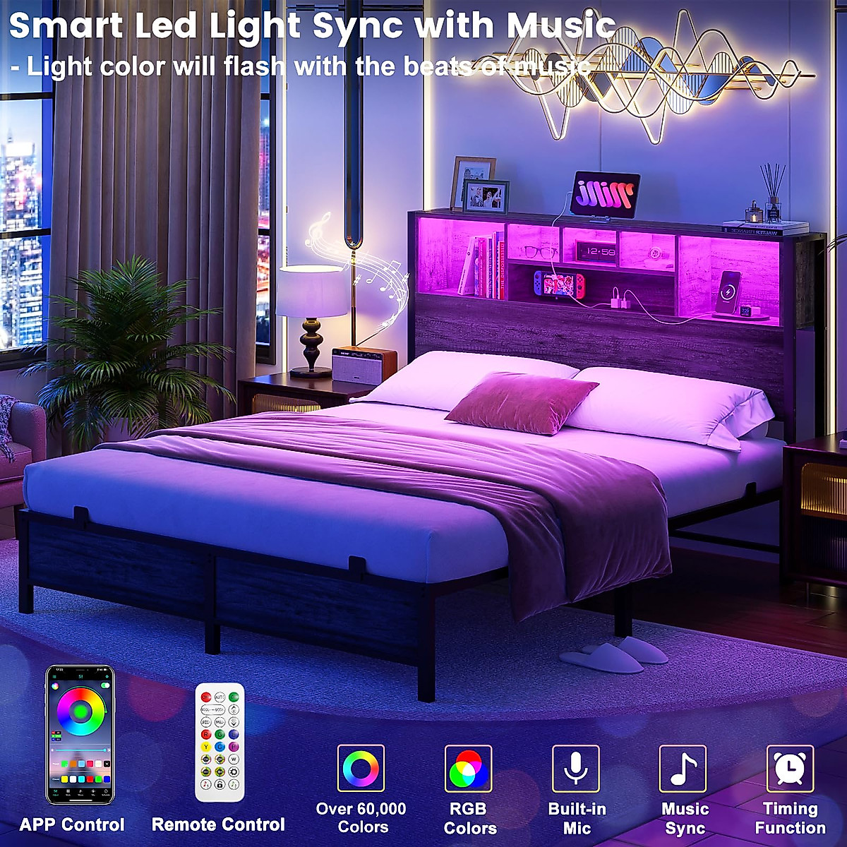 Homieasy Queen Size Bed Frame with Bookcase Headboard, Metal Platform Bed Frame Queen Size with Charging Station and LED Light, Heavy Duty Metal Slats, No Box Spring Needed, Noise-Free, Black Oak